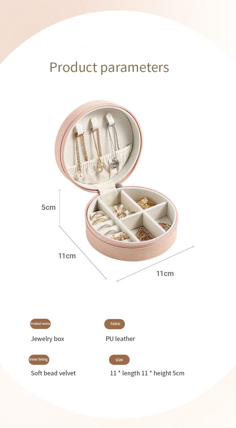 Jewelry Storage Box Portable Round Leather Zipper Earrings Necklaces ...