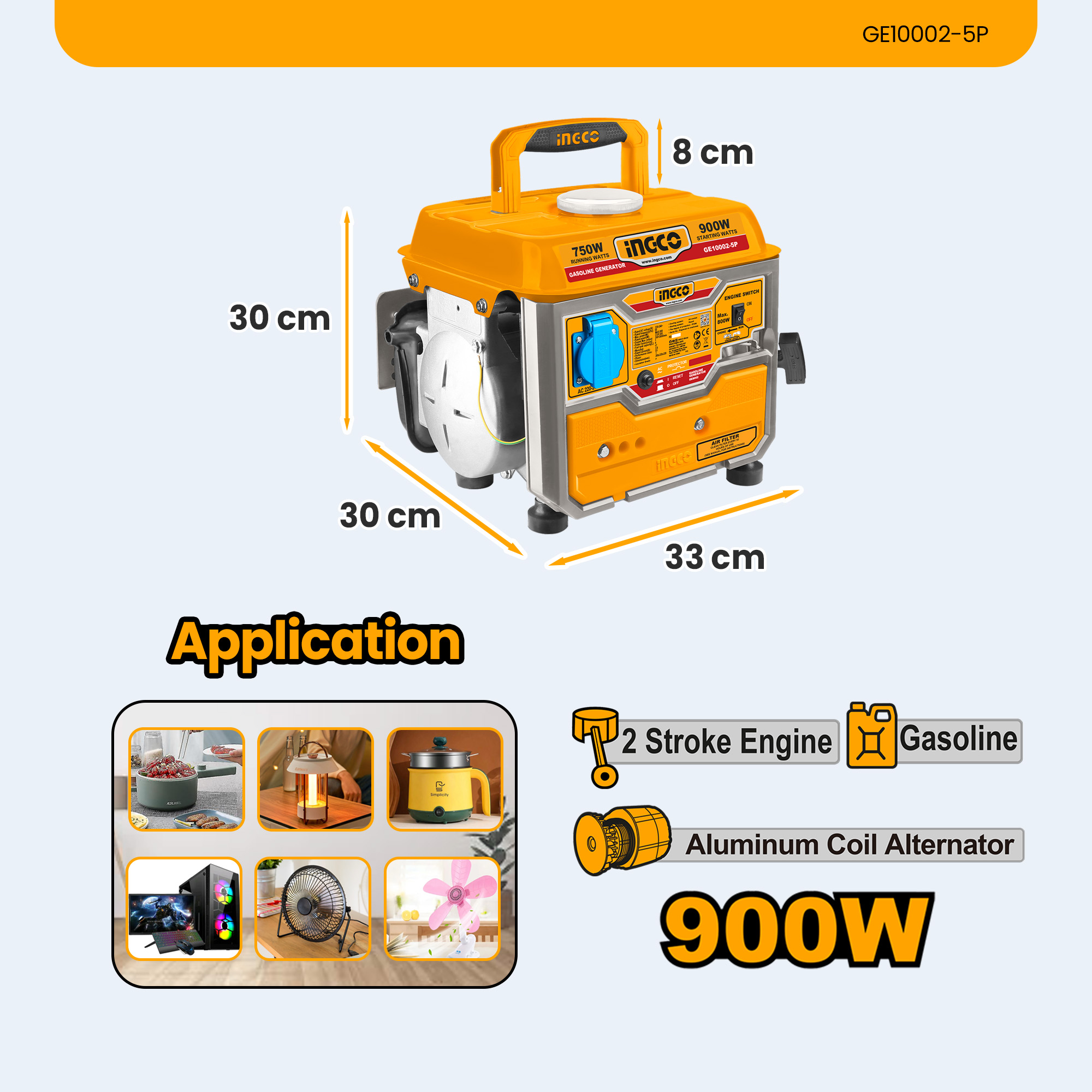 Ingco GE10002-5P Manual Portable Gasoline Generator 1Kva 2-Stroke ...