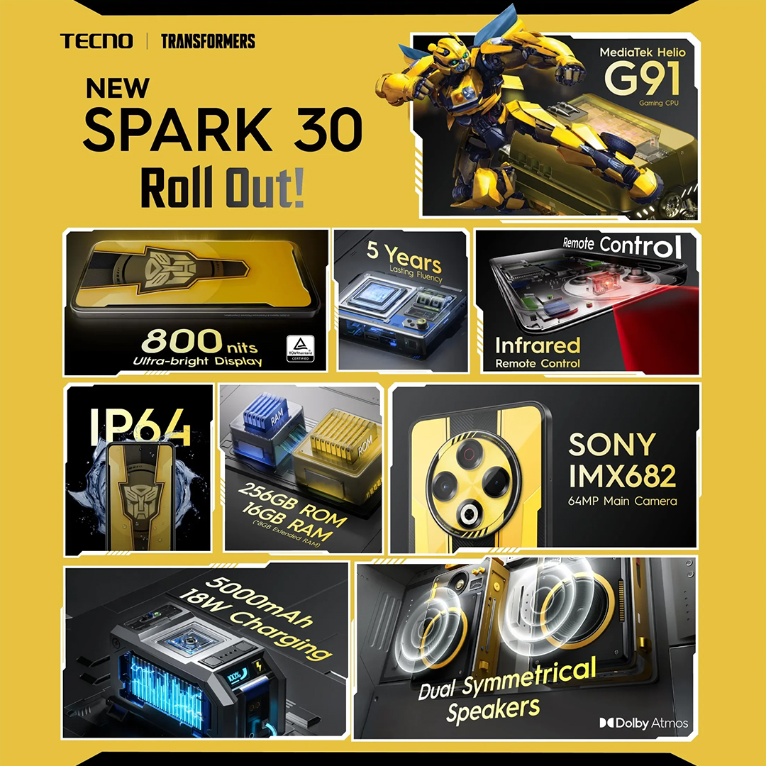 TECNO SPARK 30 Smartphone | 16GB (8+8) + 256GB | Helio G91 Processor | 64MP Sony IMX682 Main ...
