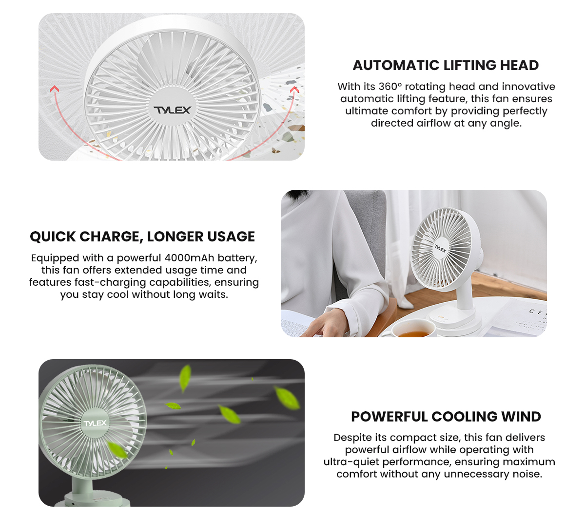 TYLEX XM47 Portable Fan Rotatable 4000mAh Rechargeable 2A Fast Charging ...