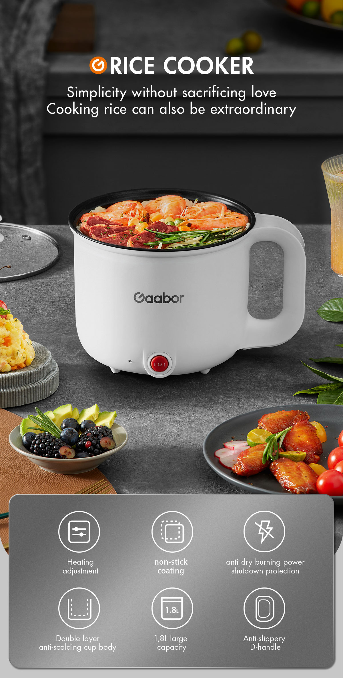 Gaabor 600W Non-stick Electric Pot, 2L Multi-purpose Rice Cooker with ...