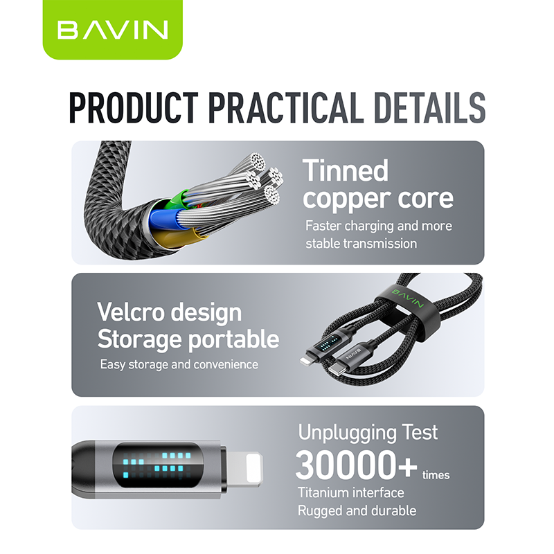 BAVIN CB377 30W / 60W PD Fast Charging Data Cable 1M w/ LED Display ...