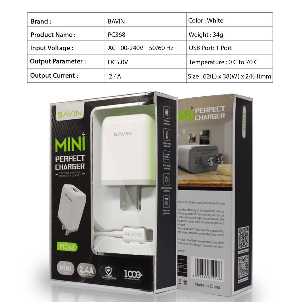 BAVIN PC368 2.4A Wall Charger w/ Multi-Protection & 1 Meter Cable for ...