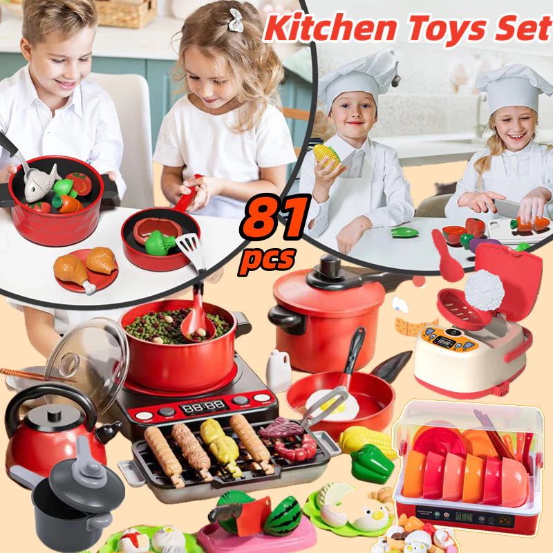 81PCS Children Simulation Kitchen Toy Fruit Food Cookware Pot Pan Kid ...