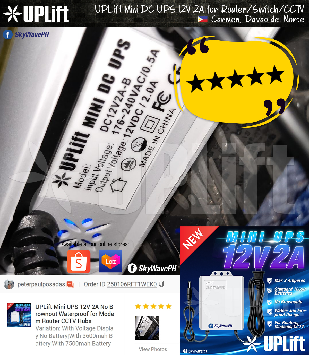 UPLift Mini UPS 12V 2A No Brownout Waterproof for Modem Router CCTV ...