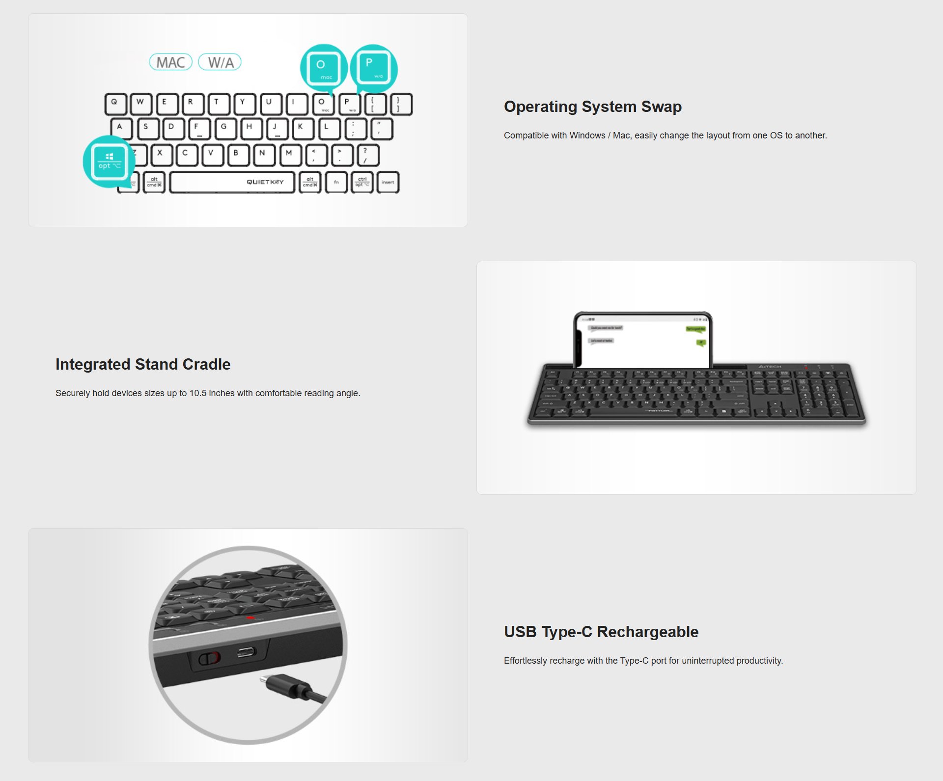 A4Tech FBX72C 125Hz Dual Mode Bluetooth & 2.4G Wireless Keyboard with 4 ...