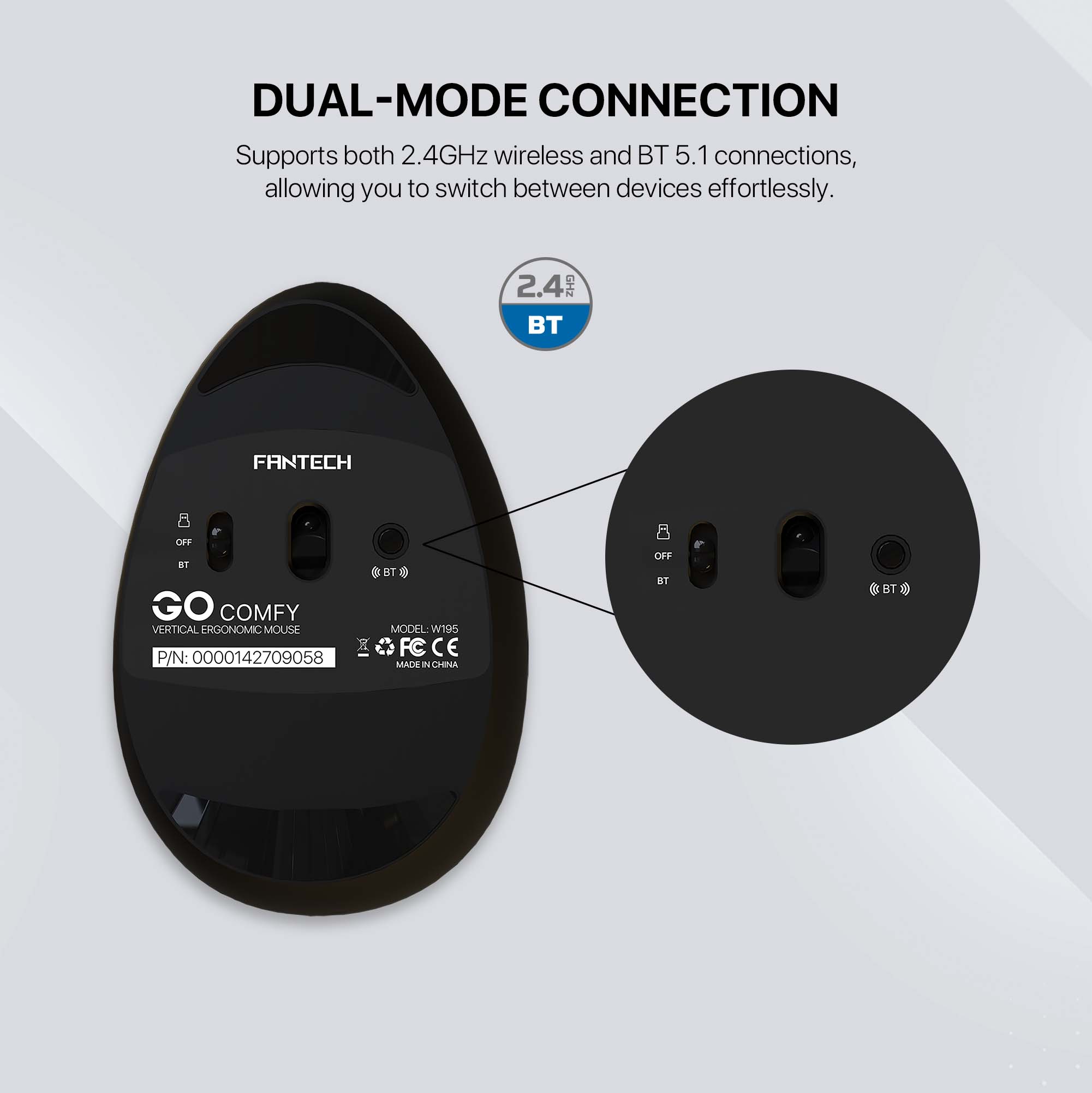 Fantech W195 Go Comfy Mouse Vertical Ergonomic 2.4GHz Wireless and 5.1 ...