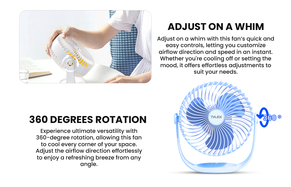 Tylex X-M40 Portable Fan 7 Inches 360° Rotation Mini Wind Long Lasting ...