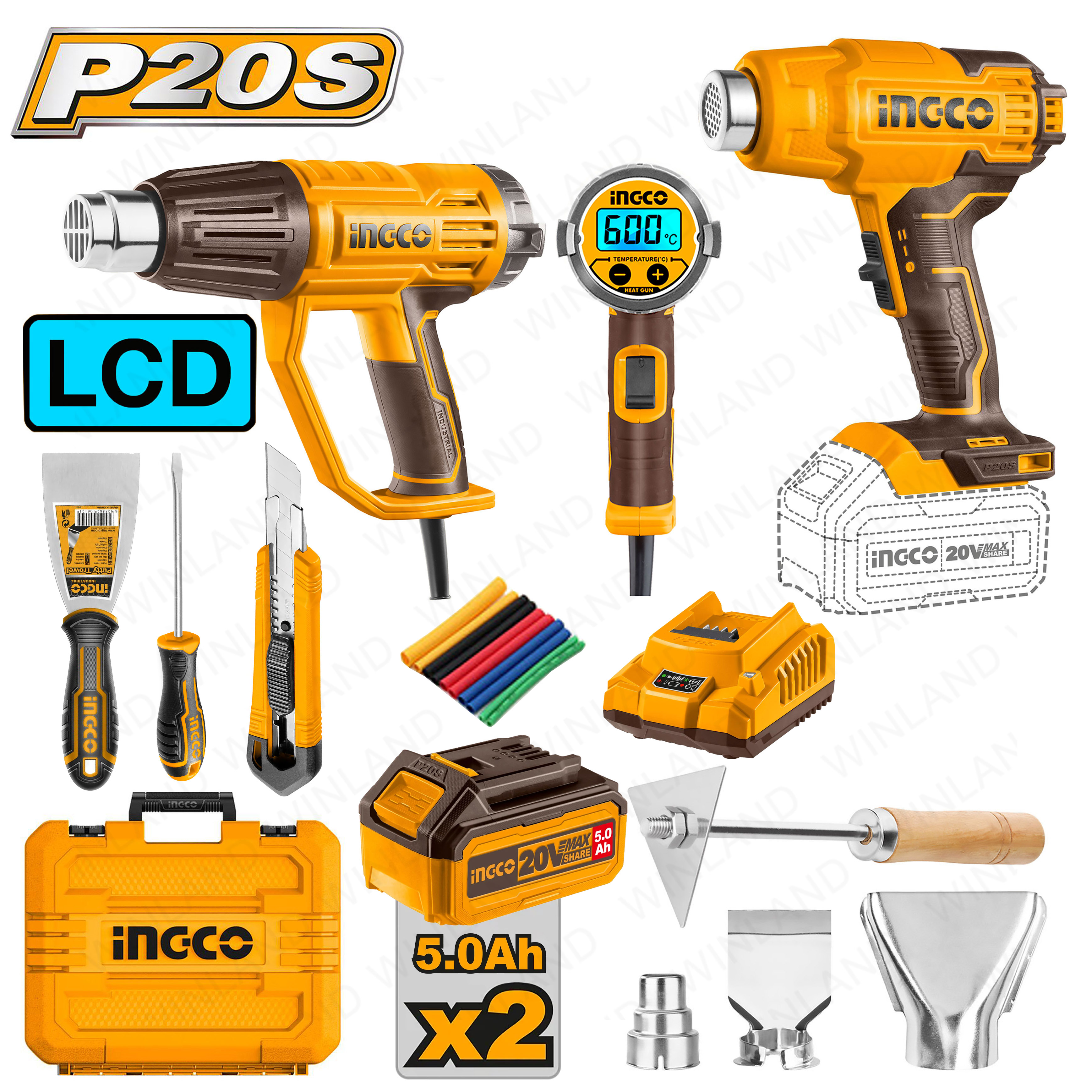 Ingco by Winland P20S/20V 6PCS Combo Kit with Lithium-Ion Heat Gun ...