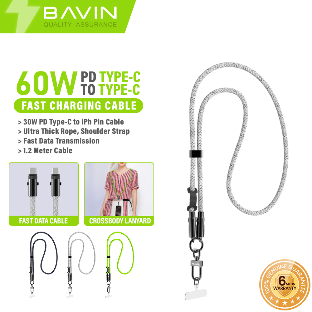 BAVIN CB372 Ultra-Thick Rope Lanyard Cable 60W Fast Charging & Support Data Transmission 1.2M ...