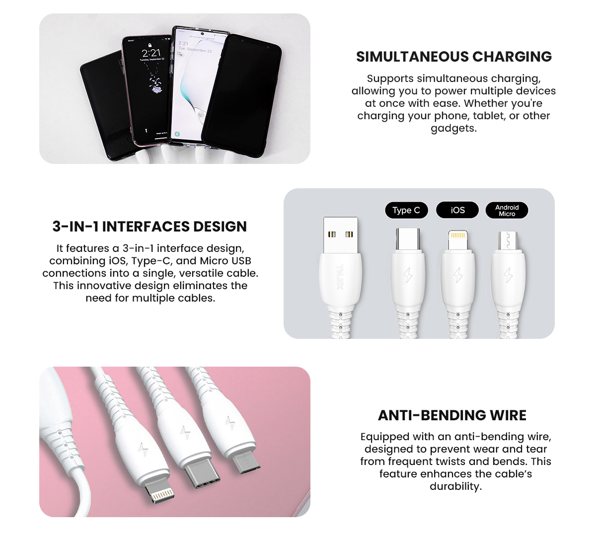 Tylex XC29 3 in 1 3.4A Fast Charging & Cable For Micro USB, Type-C, iOS ...