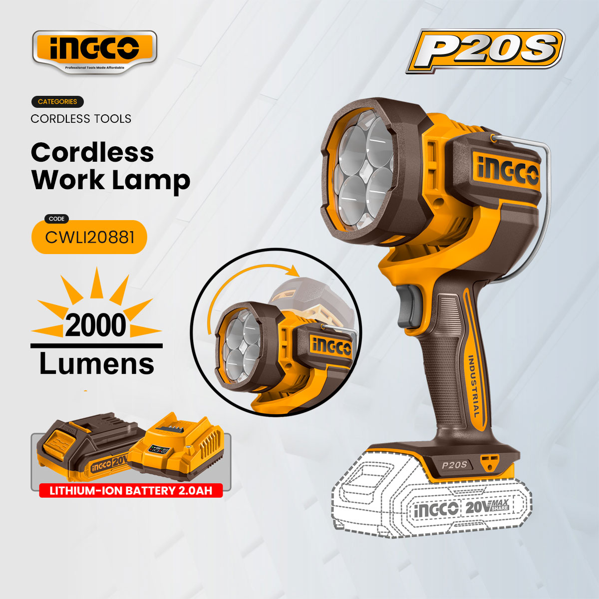 Ingco 20V Cordless LED Work Light Portable Work Lamp Bright Flashlight ...