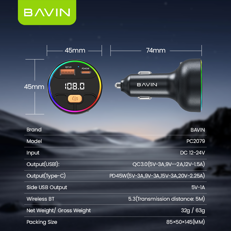 BAVIN PC2079 45W PD + QC 3.0 Ultra-Fast MP3 Car Charger w/ 7-Color RGB ...