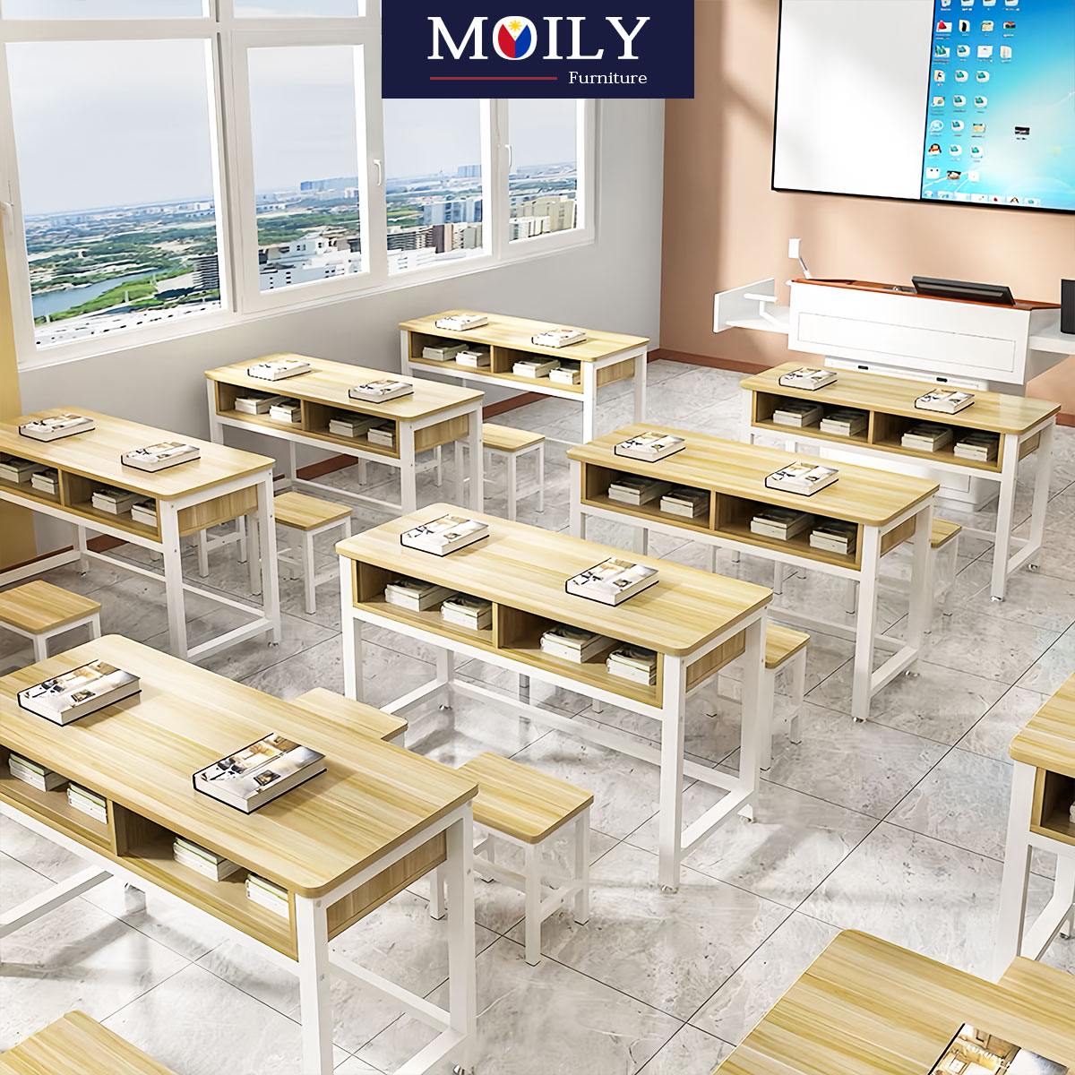 MOLY Double study desk, drawer desk, office desk, computer desk, with ...