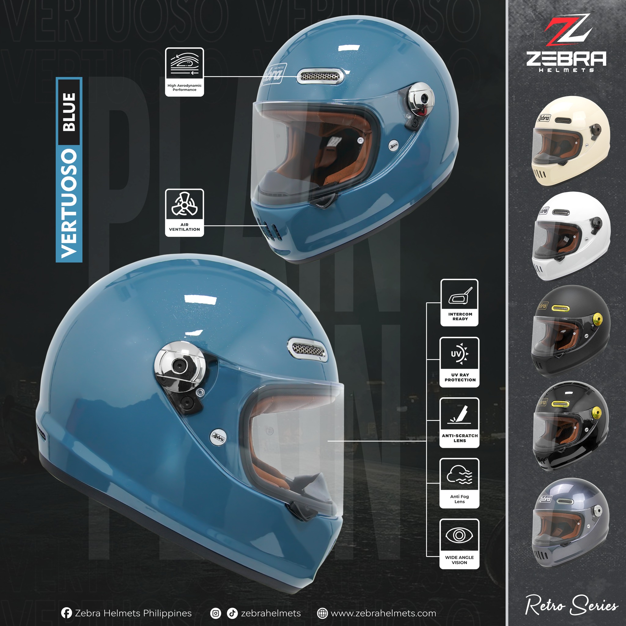 ZEBRA VERTUOSO Classic Retro Helmet For Motorcycle Full Face Vintage ...