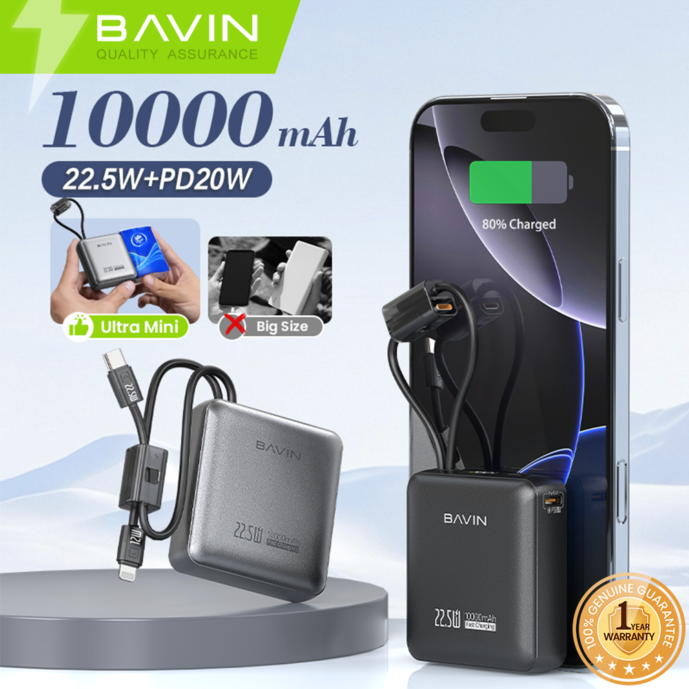 BAVIN PC1137 10000mAh Mini Powerbank 22.5W Fast Charging w/ Detachable ...