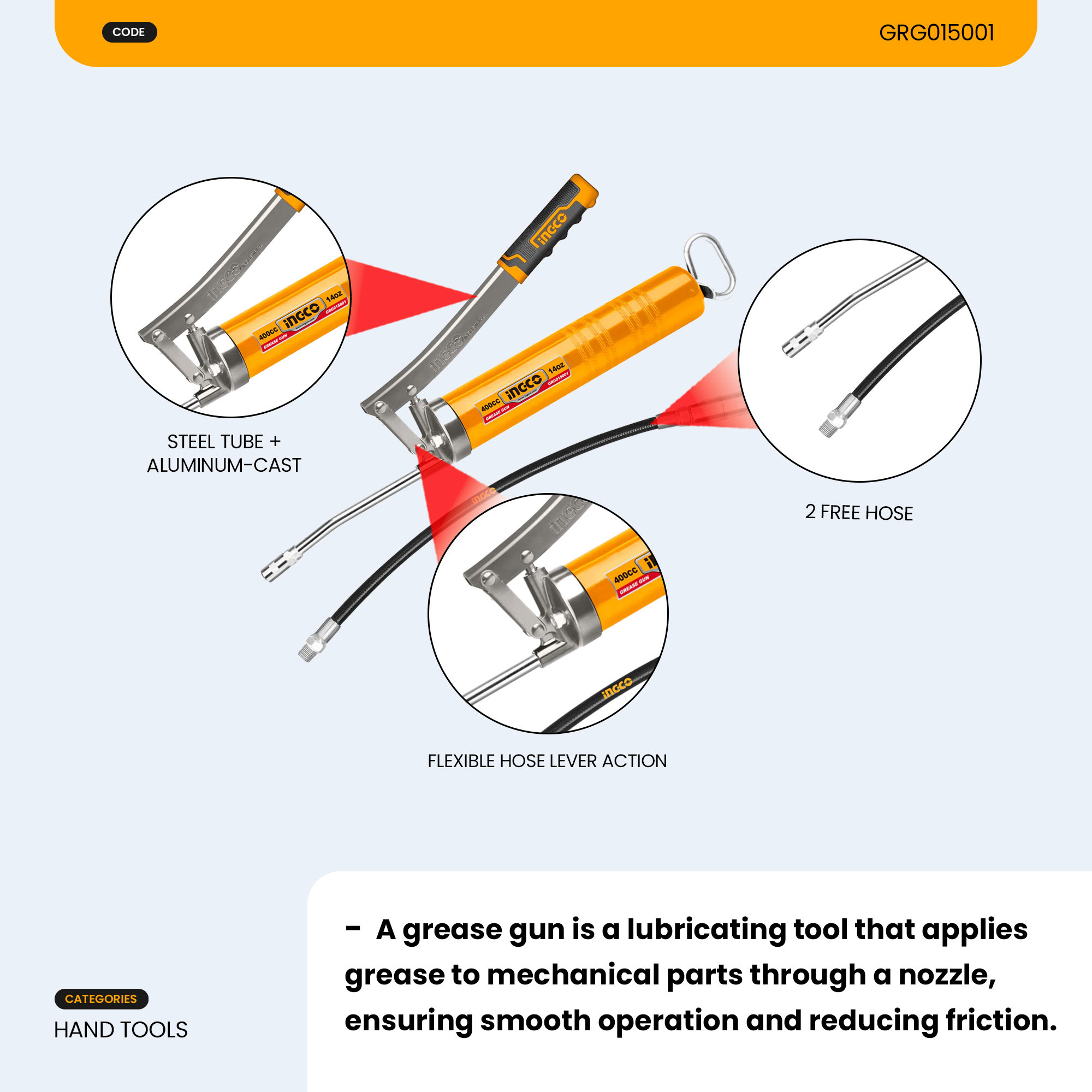 Ingco 400cc Heavy Duty Grease Gun Manual Lubricant Injector Applicator ...