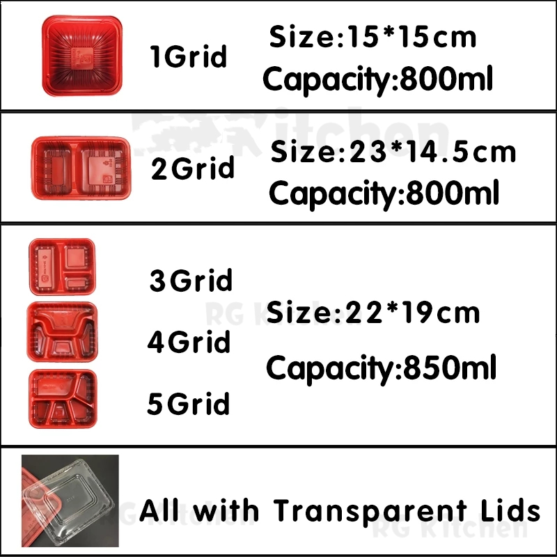 COD (25PCS) Red Bento Box With Back Cover 1/2/3/4/5 Grid Partition ...