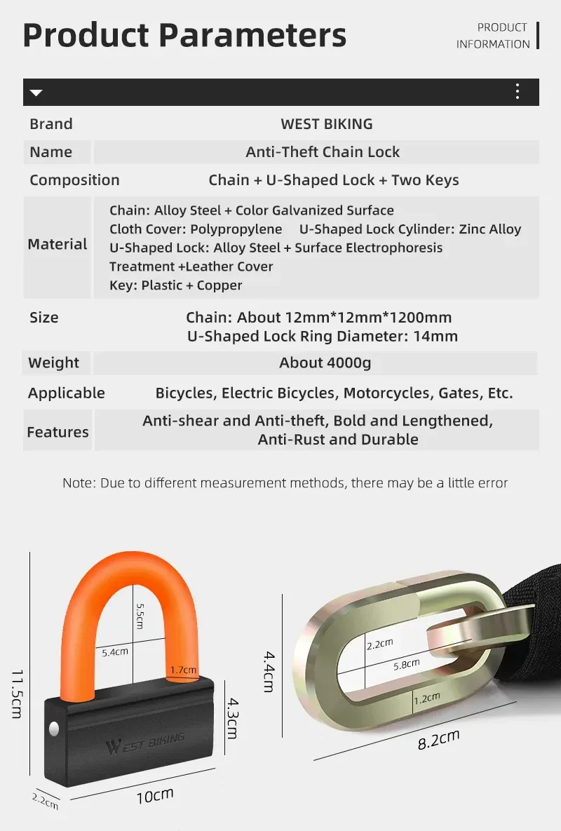 WEST BIKING Heavy Duty Anti-Theft Chain Lock With Padlock 4KG Alloy ...