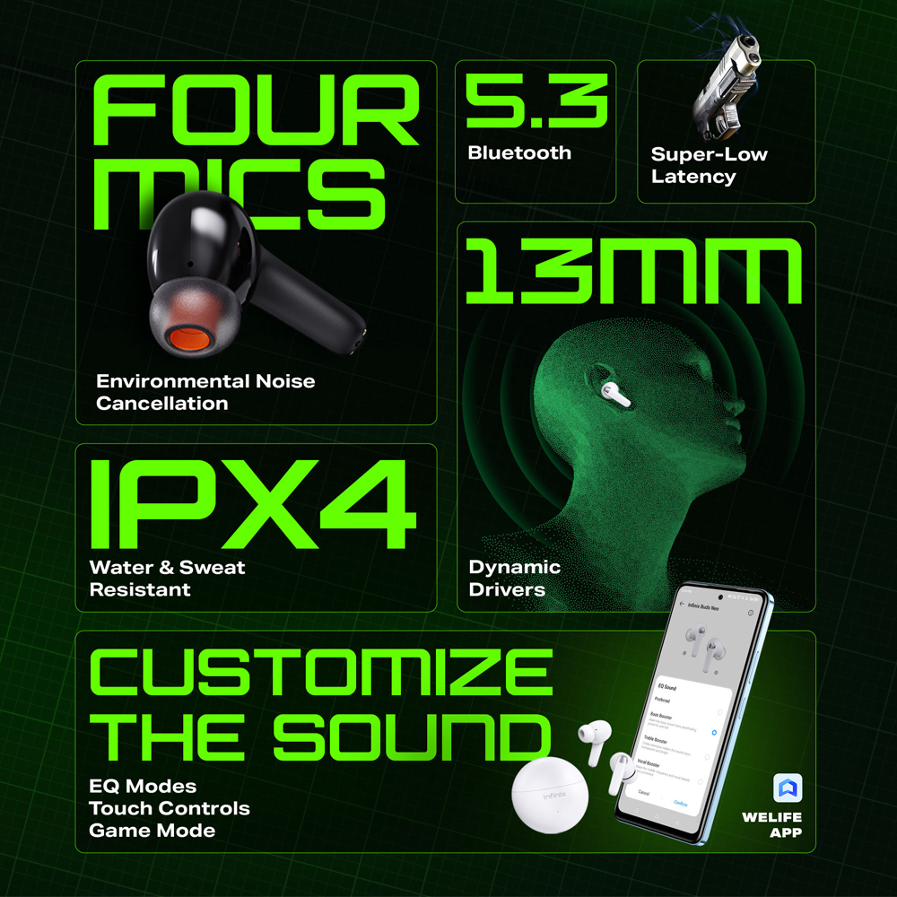 Infinix XE26 Buds Neo | 4-Mics ENC | Bluetooth 5.3 | 13mm Dynamic ...