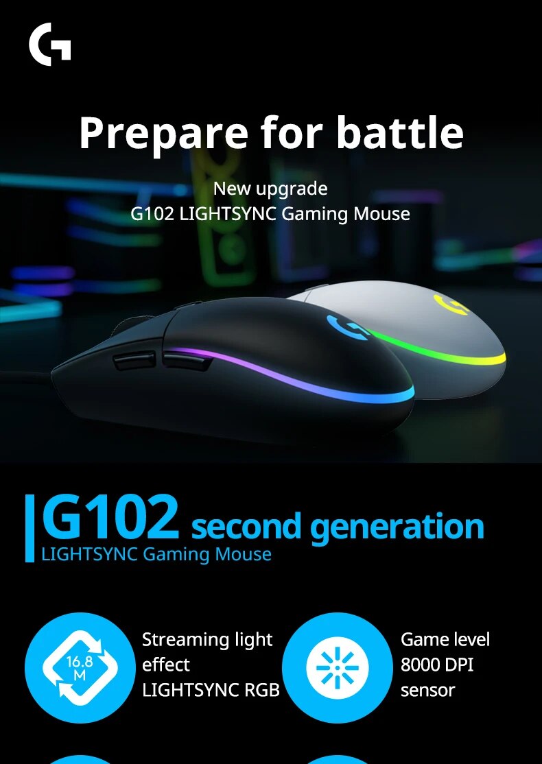 Original Logitech G102 Second-generation Wired Gaming Mouse USB Optical ...