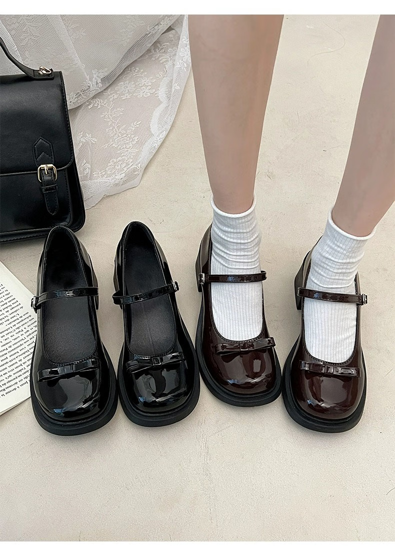 Mary Jane Black Shoes For Women High Heels Retro Round Toe Cute Bow ...