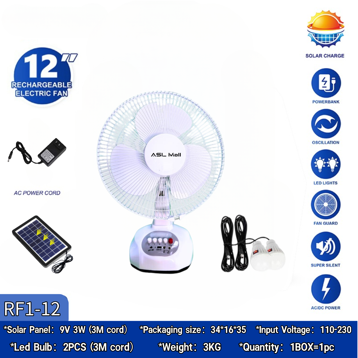 ASL Solar electric fan Rechargeable solar fan with panel solar ...