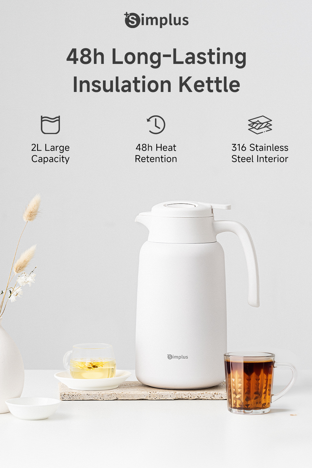 Simplus Thermal Insulation Kettle Stainless Steel Interior 2L Capacity 48h Heat Retention Jug ...