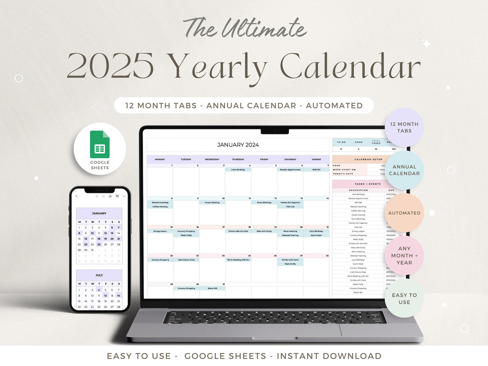 Digital Planner, 2025 Calendar Spreadsheet Google Sheets Yearly ...