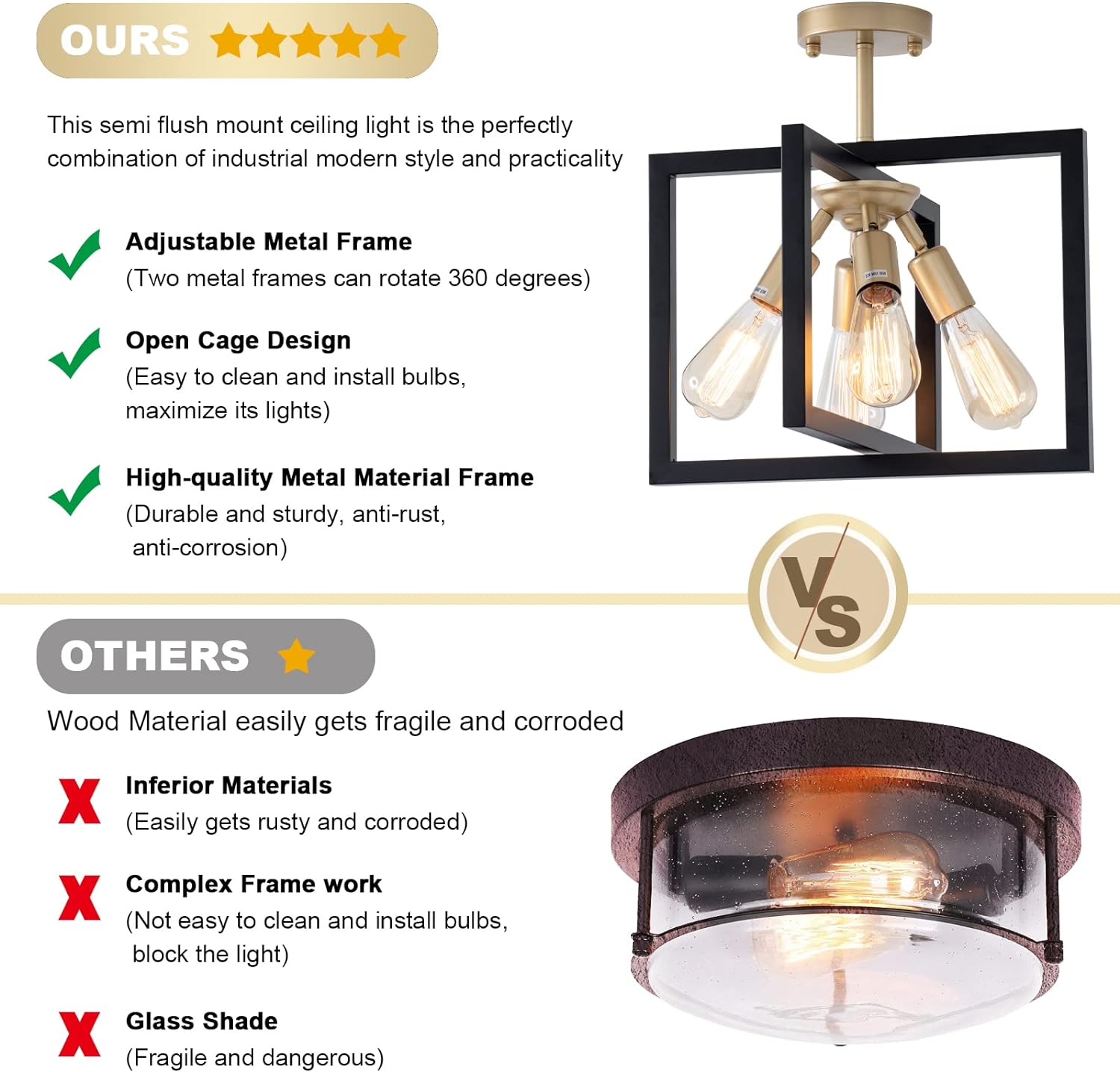 Ceiling Light Industrial Ceiling Lamp 4-Light Retro Rectangle for ...