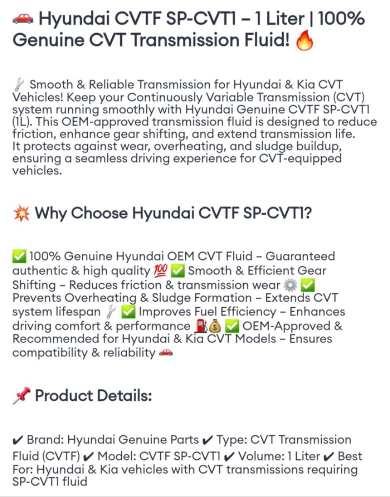 HYUNDAI CVTF TRANSMISSION OIL SP-CVT1 1LTR | Shopee Philippines