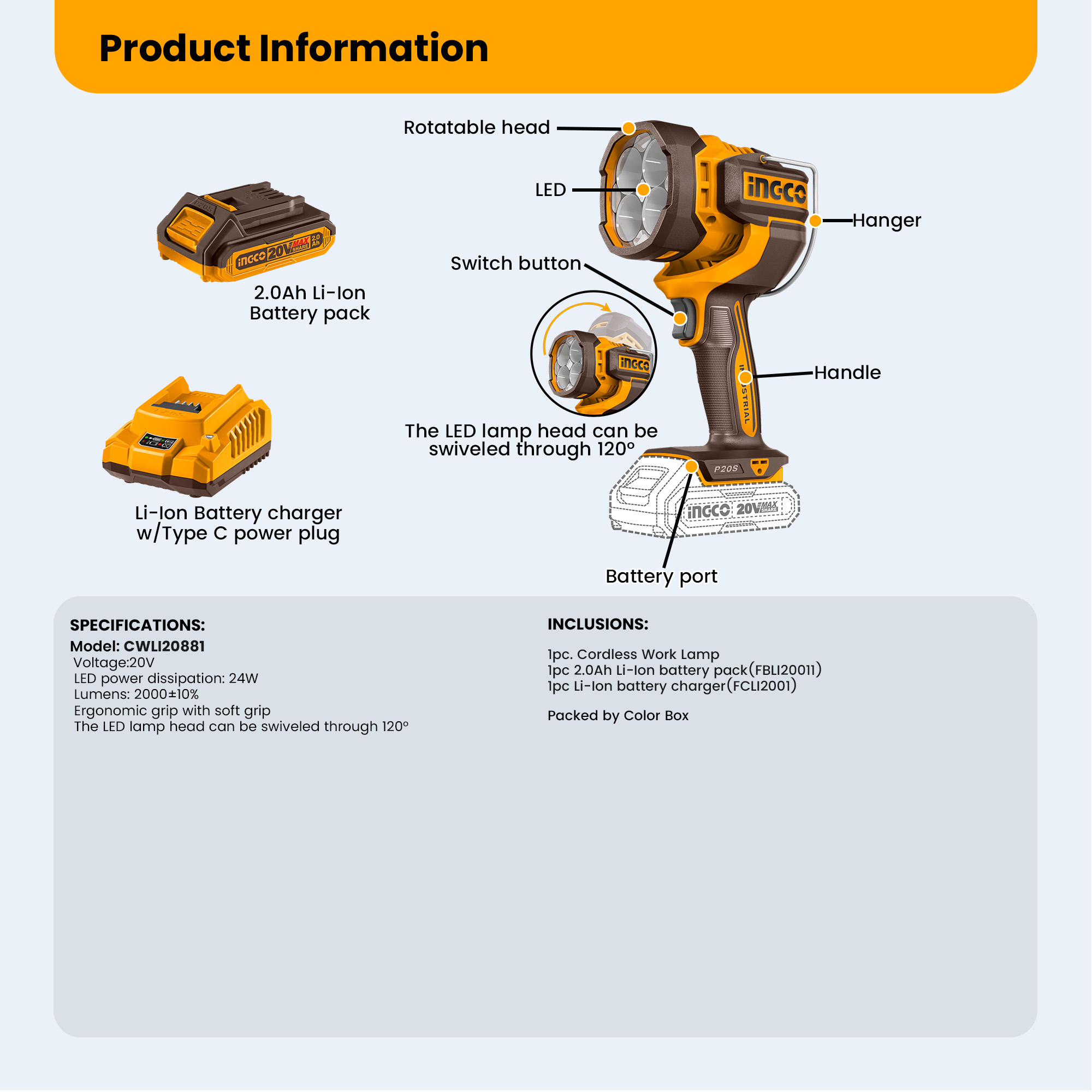 Ingco 20V Cordless LED Work Light Portable Work Lamp Bright Flashlight ...