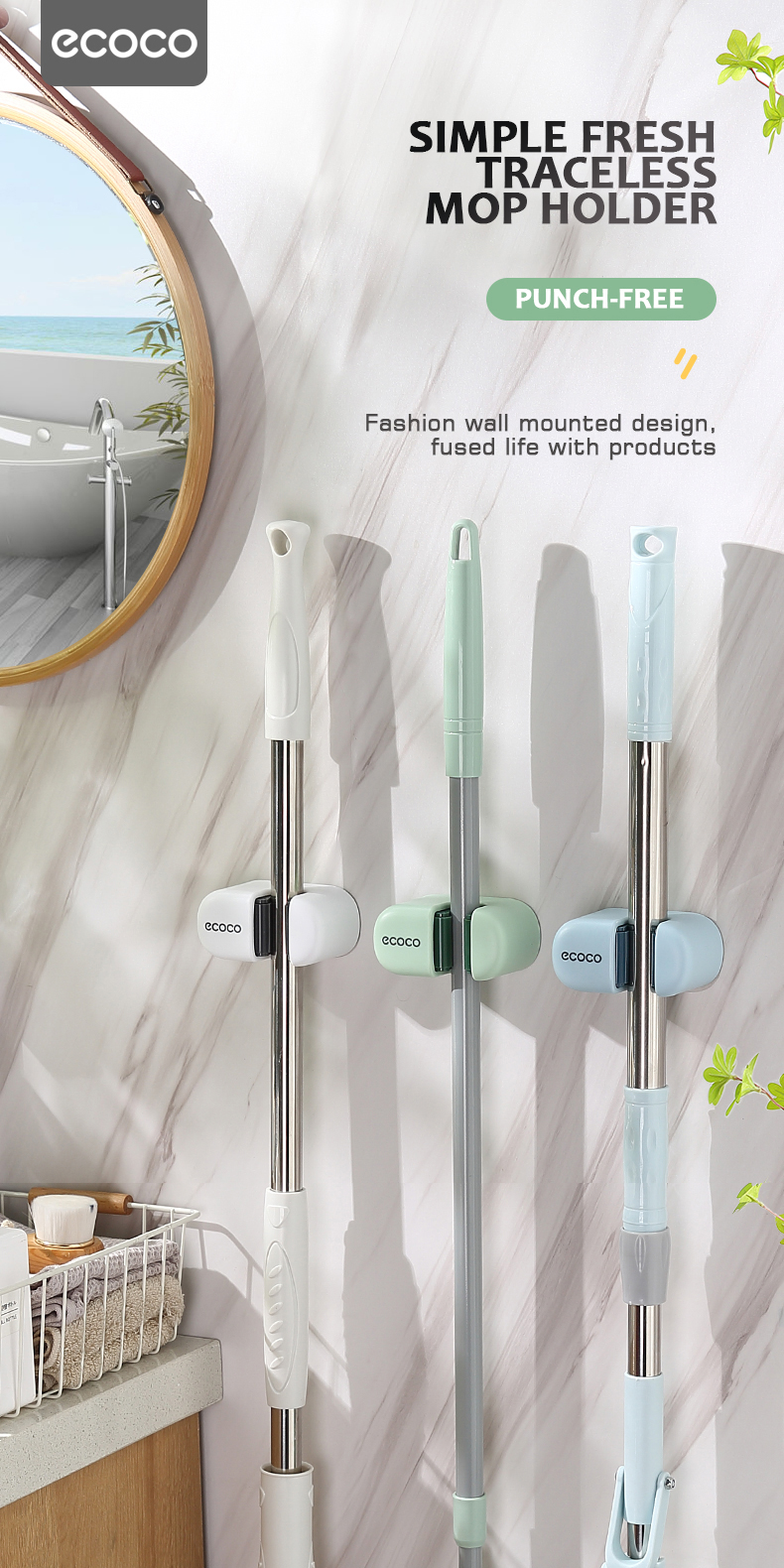 [Ready Stock]Ecoco Mop Holder Wall Mounted No Drilling Broom Holder ...
