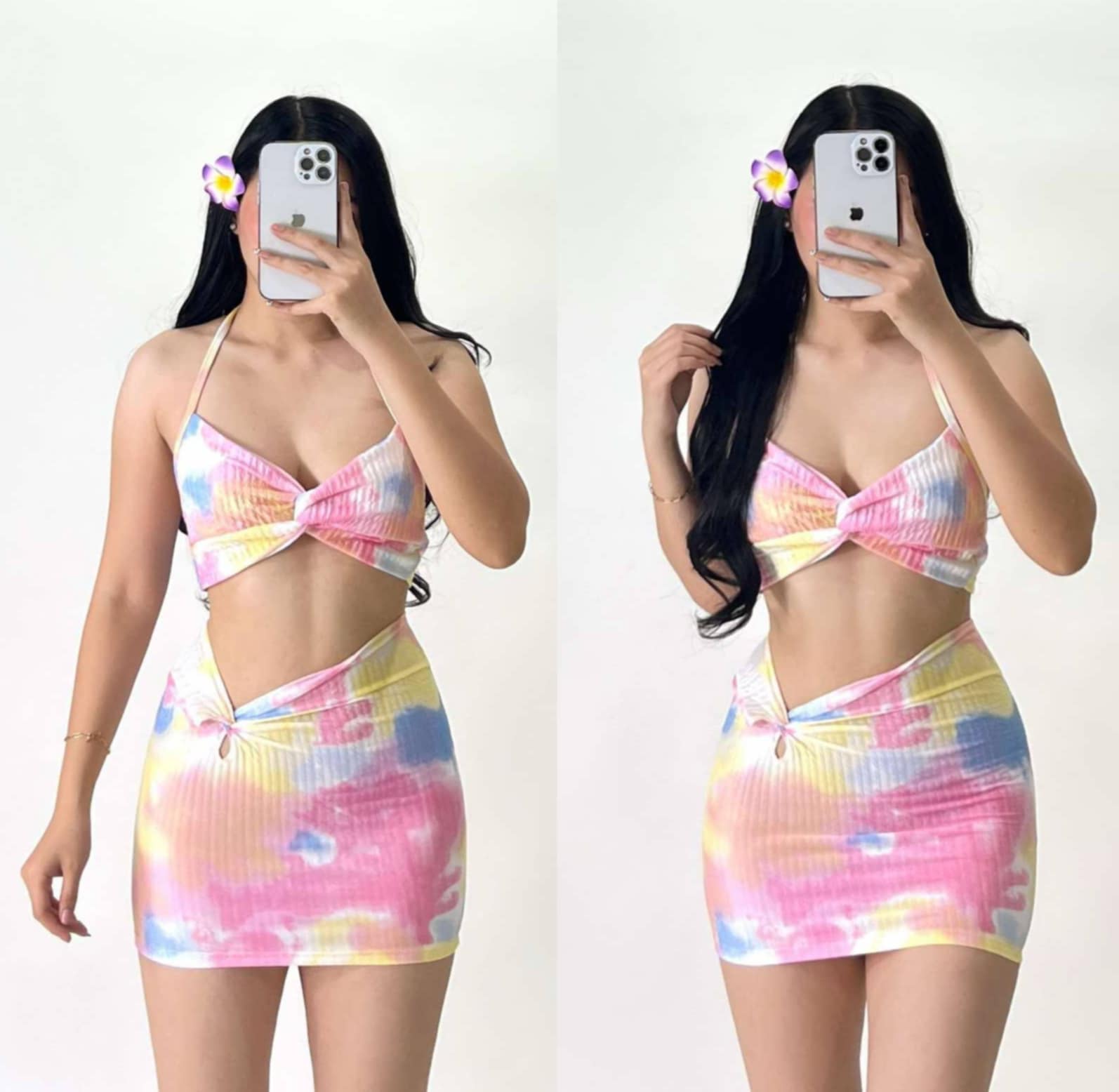 DBS YURI Terno Coords Top with Mini Skirt Bark Crepe Fabric SMALL to SEMI-LARGE Casual Sexy ...