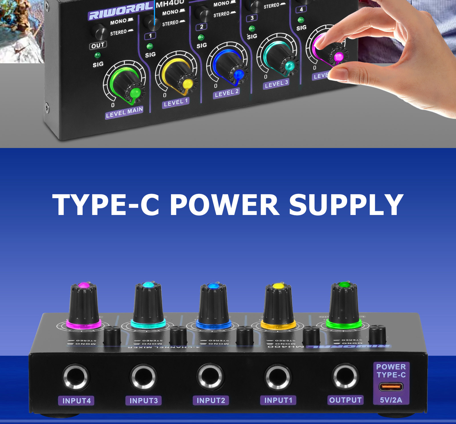 Mini Audio Mixer Stereo / Mono 4 Channel 1/4 Inch TSR/TS Audio Input ...