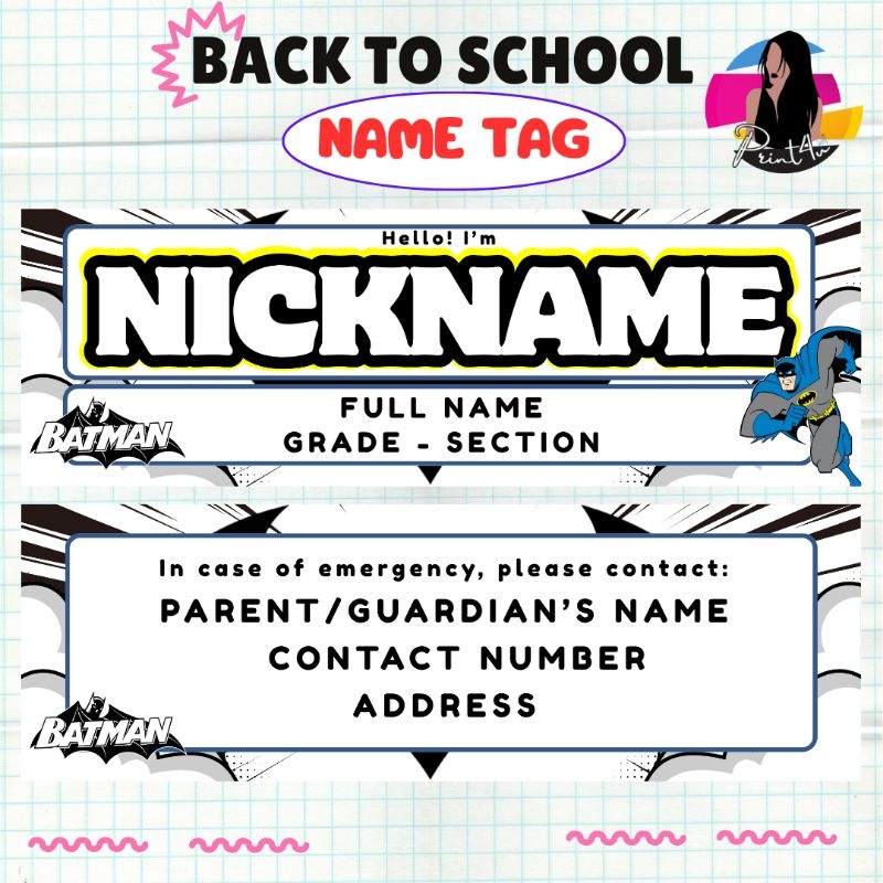 Name Tag Laminated for Students - superheroes/Marvel/Avengers/Batman ...