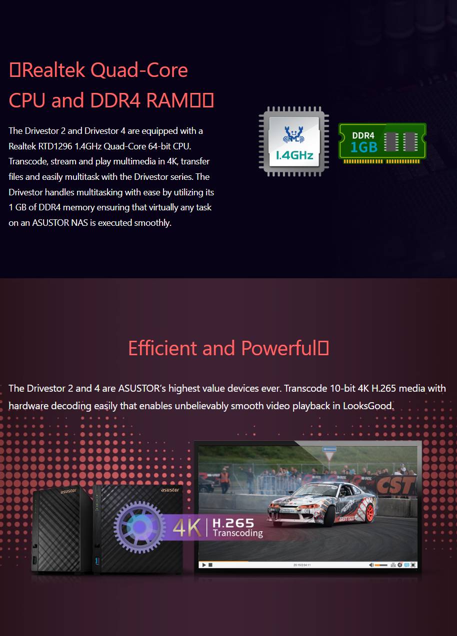 Asustor Drivestor 2 AS1102T Realtek RTD1296 Quad-Core 1.4 GHz CPU 1GB ...