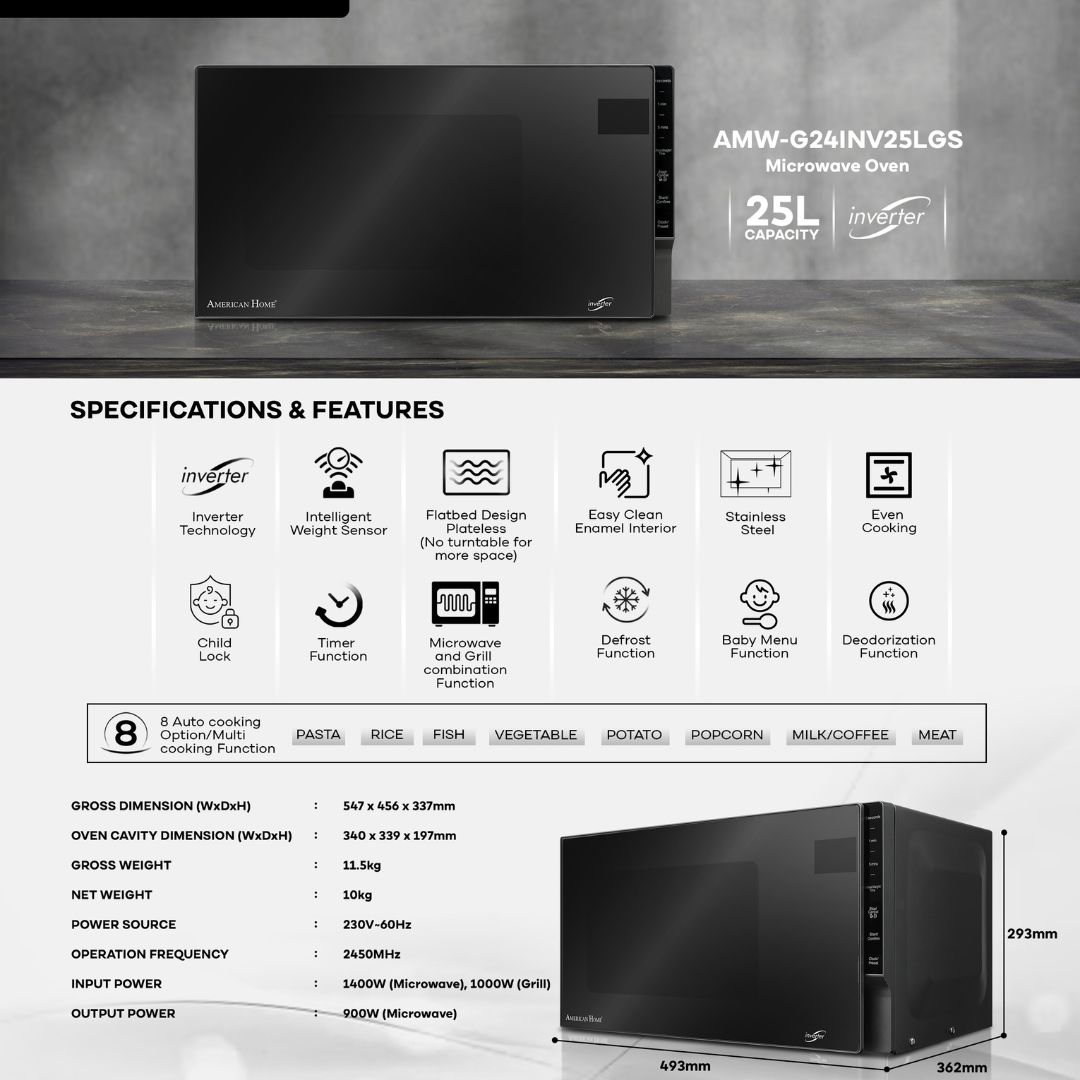 American Home Flatbed Inverter Microwave Oven AMW-G24INV25LGS 25L ...