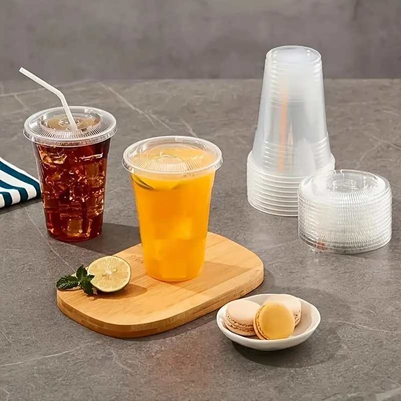 100pcs丨Plastic Cups With Lid Disposable Cup 22/16/12/10 Oz Plastic Cup ...