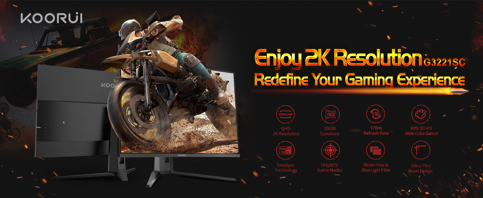 Koorui G3221SC 31.5 Inch QHD (Powered by HKC) Curved VA 1500R black 170HZ, 90% DCI-P3 Gaming ...