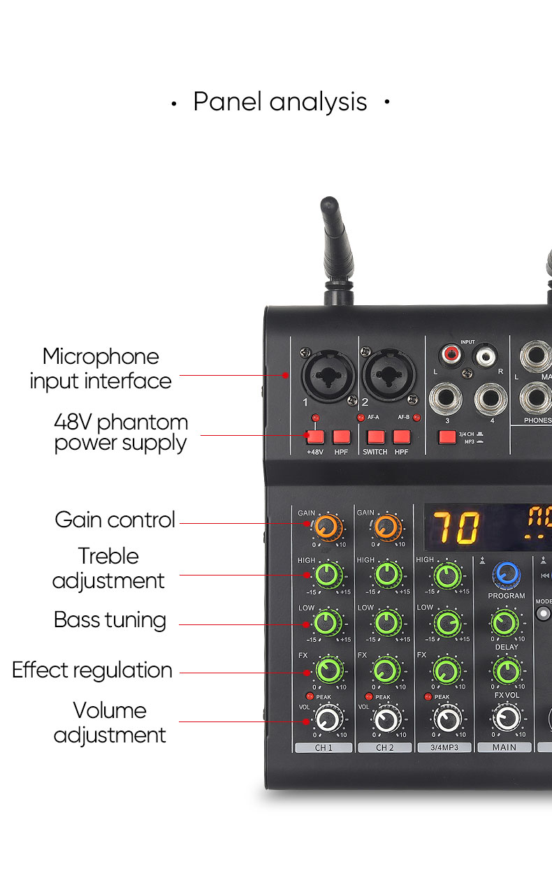 Professional audio mixer, wireless dual microphone USB 48V mixer, 4 ...