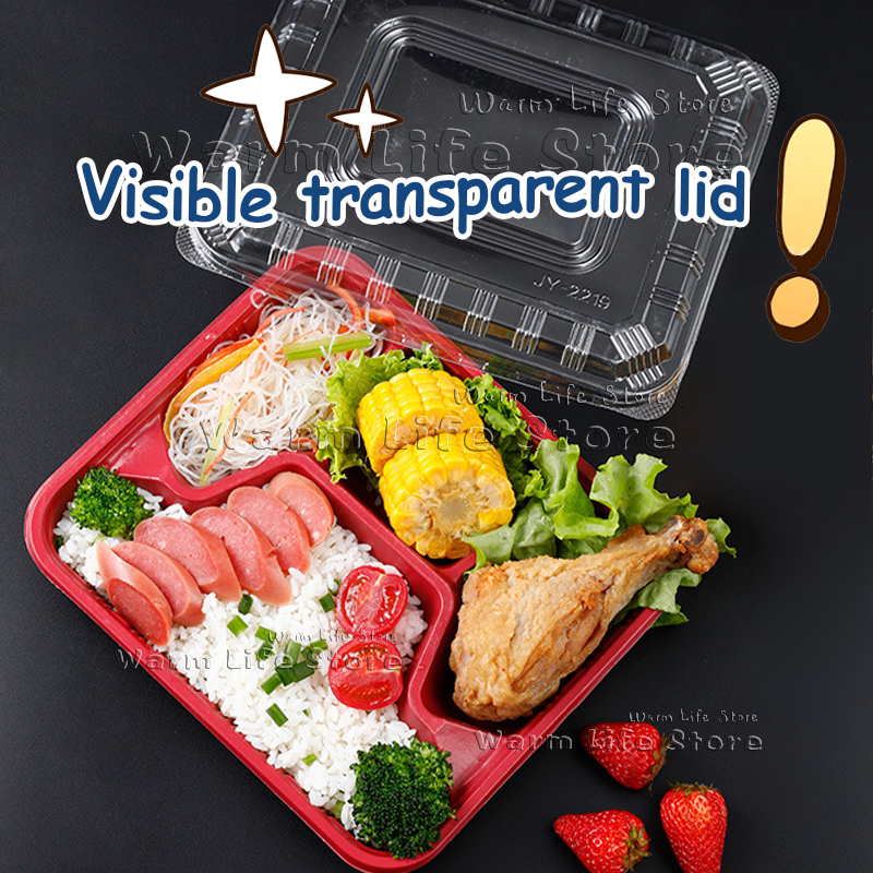 100PCS Thick Red Bento Box with Lid 1/2/3/4/5 Grid Divided Takeout ...