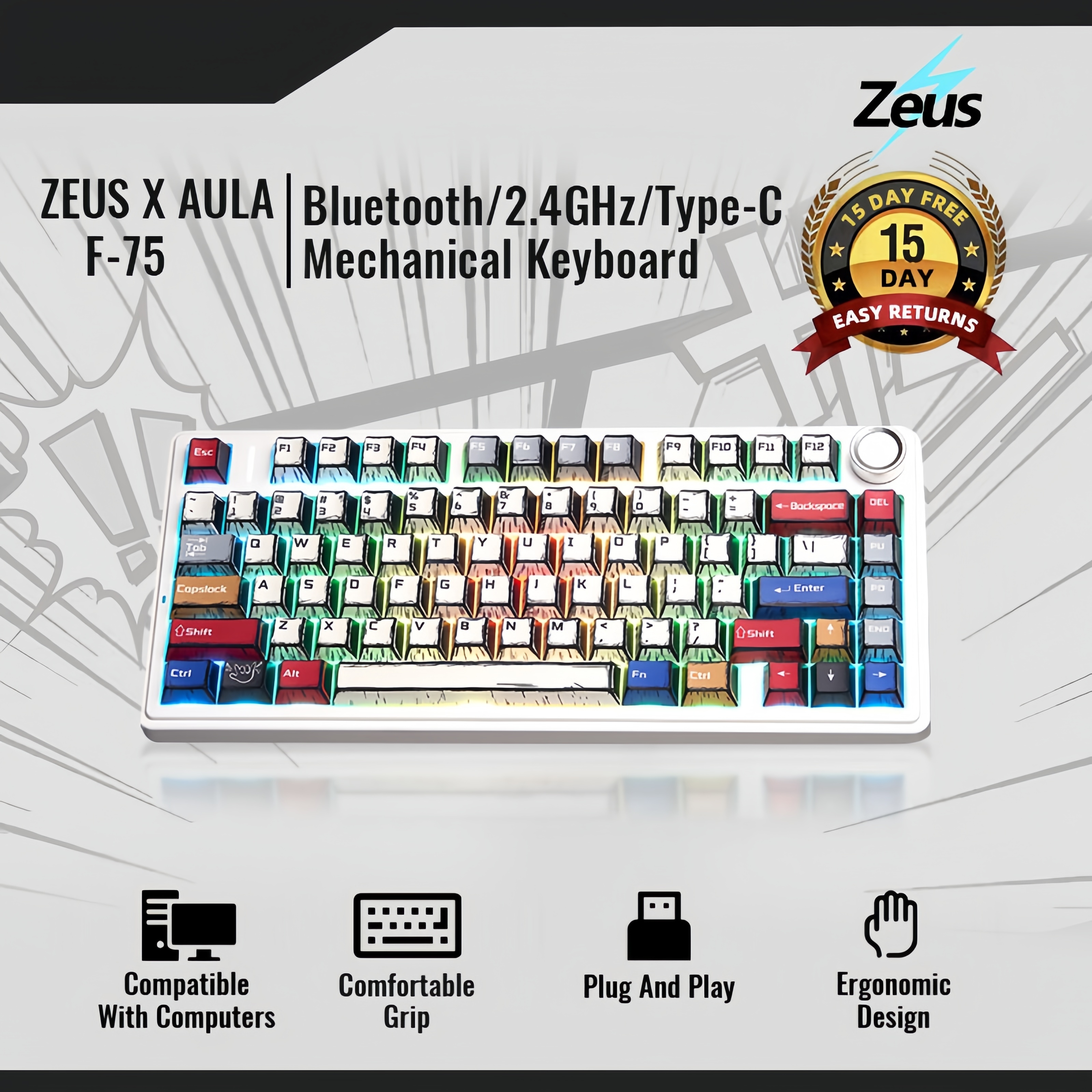 Zeus x Aula F75 Mechanical Keyboard Tri-Mode Bluetooth/2.4GHz/Type-CRGB ...
