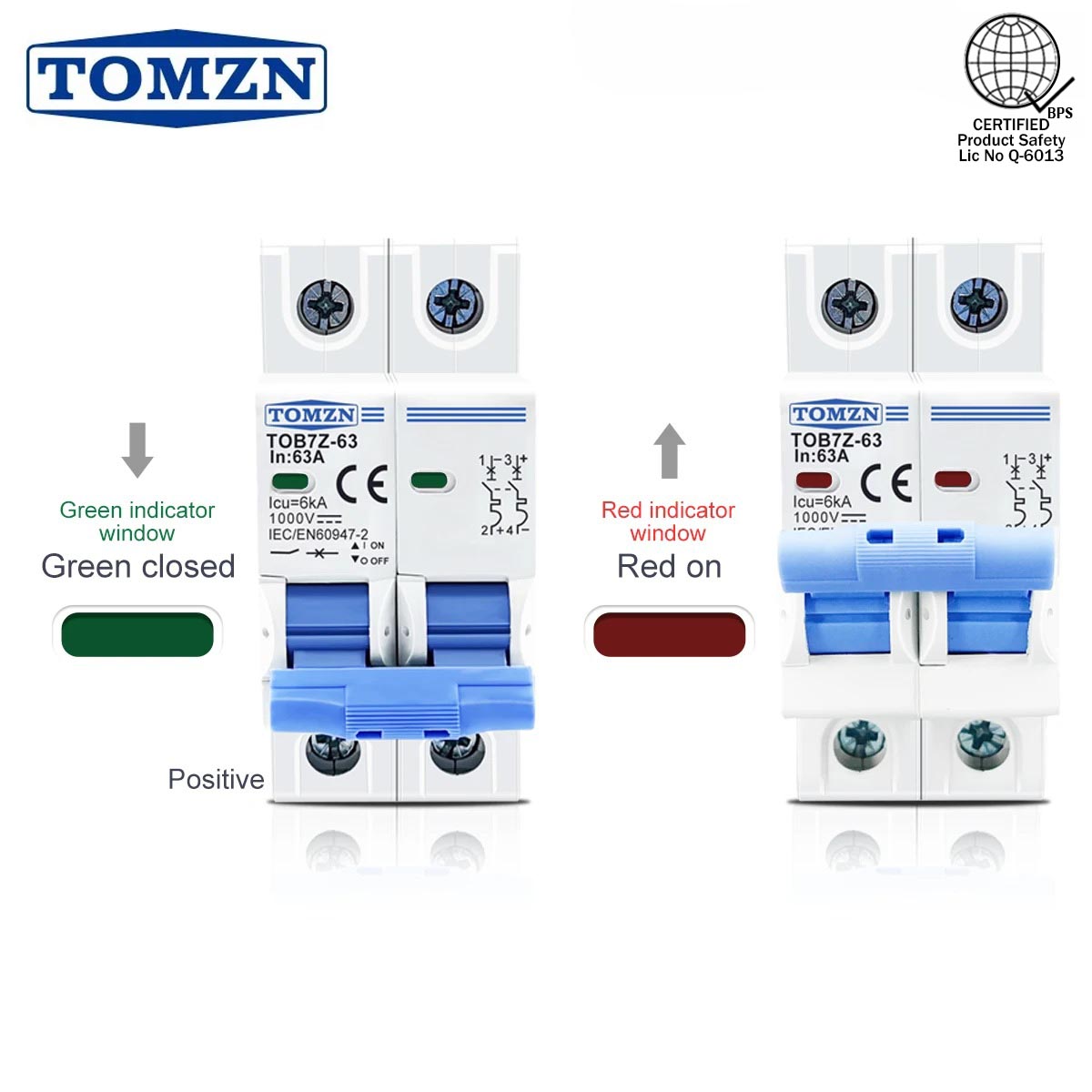 TOMZN 2P DC 1000V Solar Mini Circuit Breaker DC MCB for PV System 16A 20A 25A 32A 40A 50A 63A ...