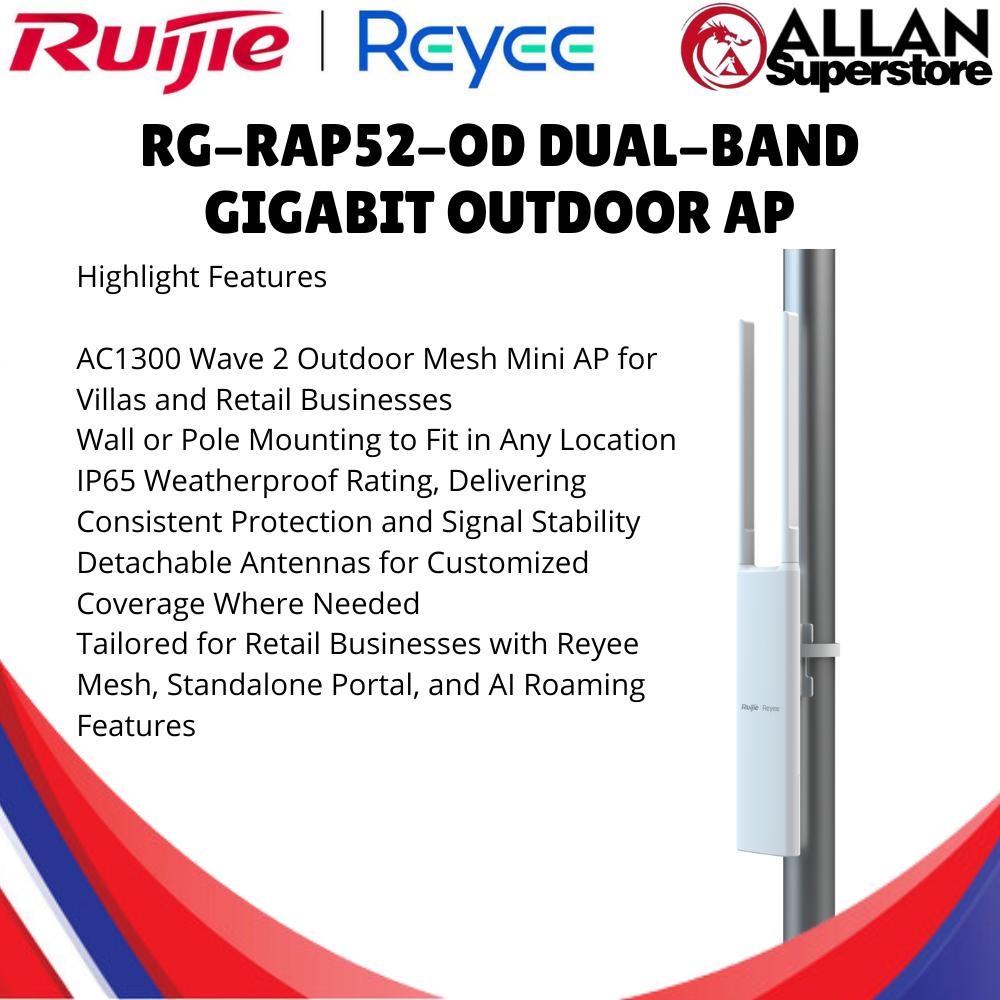 RUIJIE RG-RAP52-OD, Reyee Wi-Fi 5 AC1300 Dual-Band Outdoor Access Point | RG-POE-AF15 | Antenna ...
