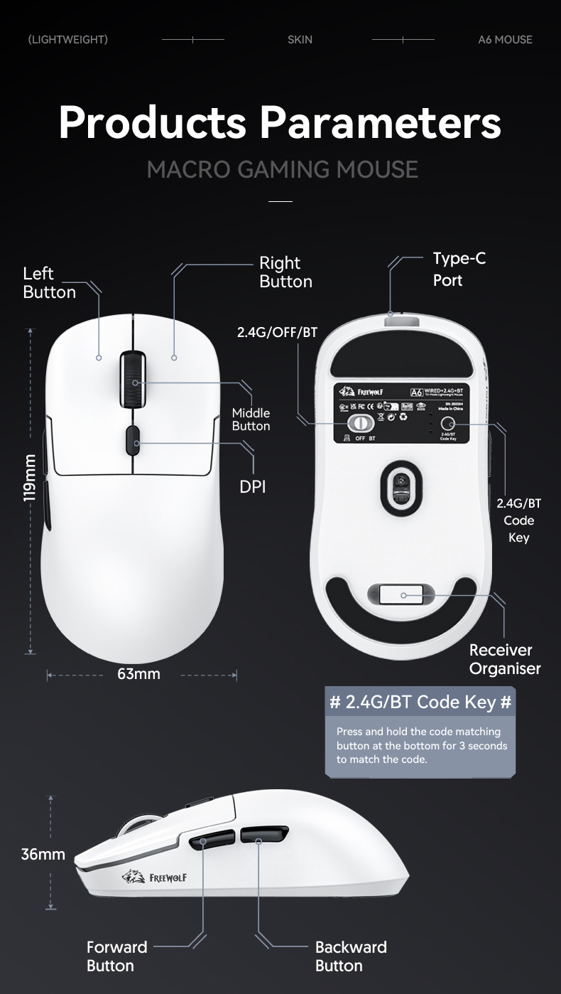 FREEWOLF A6 Gaming Mouse 59g Lightweight PAW3311 24000DPI Tri-Mode ...
