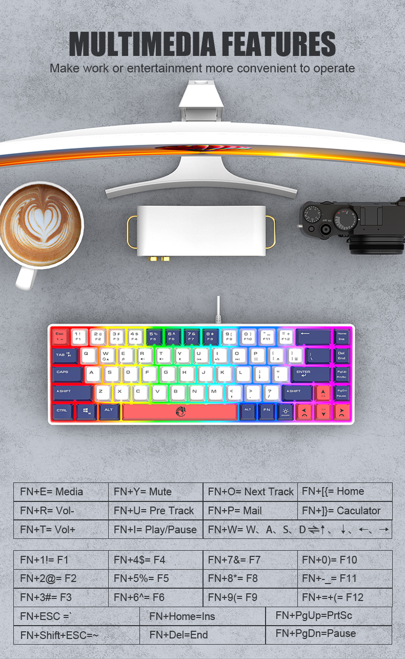 RAIKU K68 68-Key Compact RGB Gaming Keyboard with 3 Keycaps Color ...