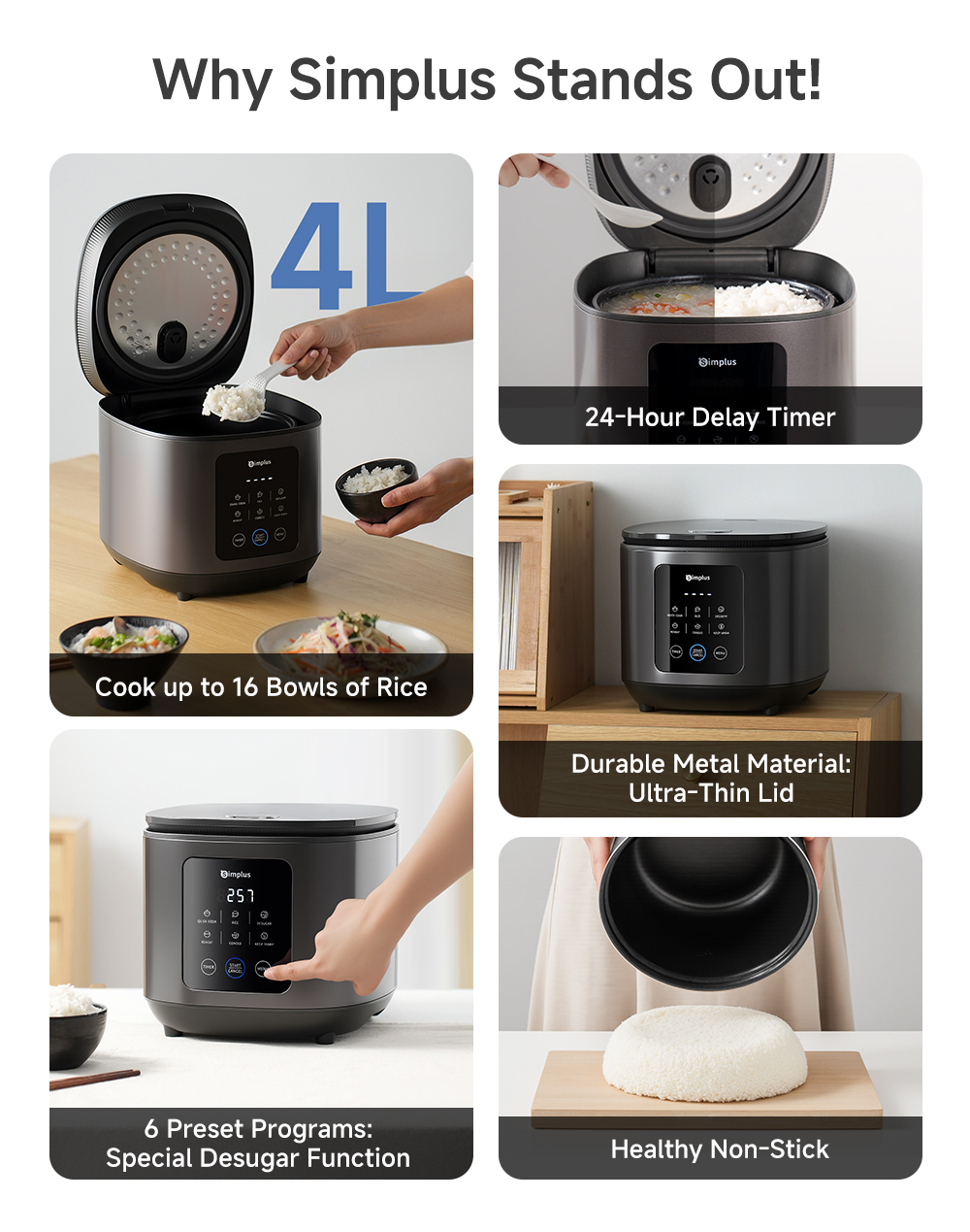 INSSA X Simplus 4L Low Sugar Rice Cooker - 6 Programs & 24H Timer, PFOA ...