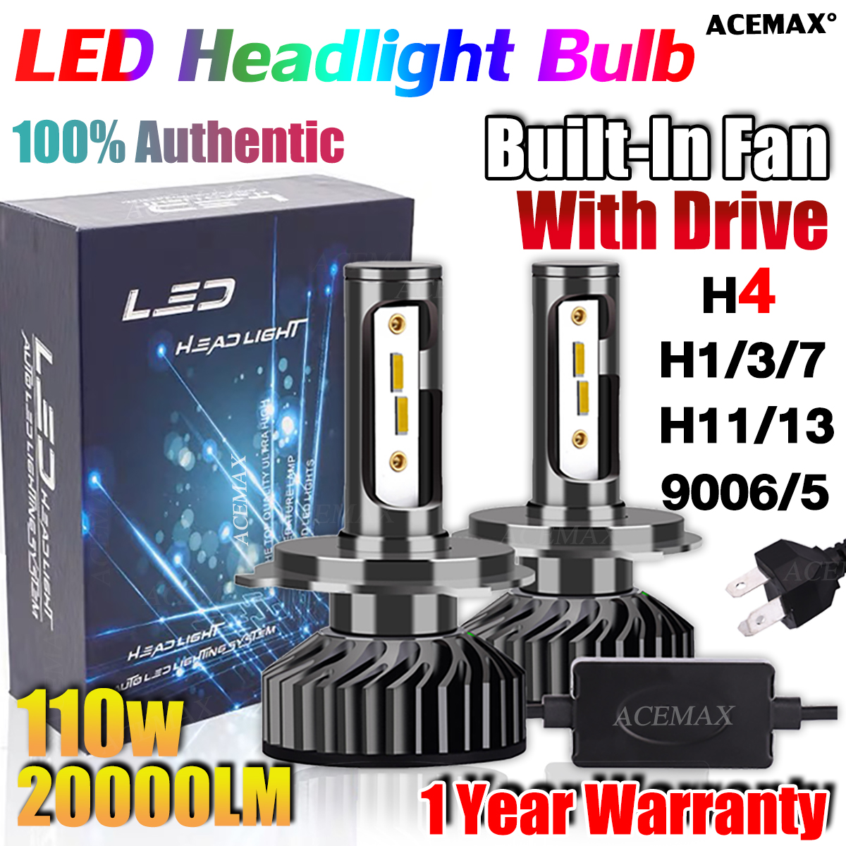 1 Pair 20000lm Car LED Headlight Bulb H4 H7 H11 9005 Hb3 9006 Hb4 H1 ...