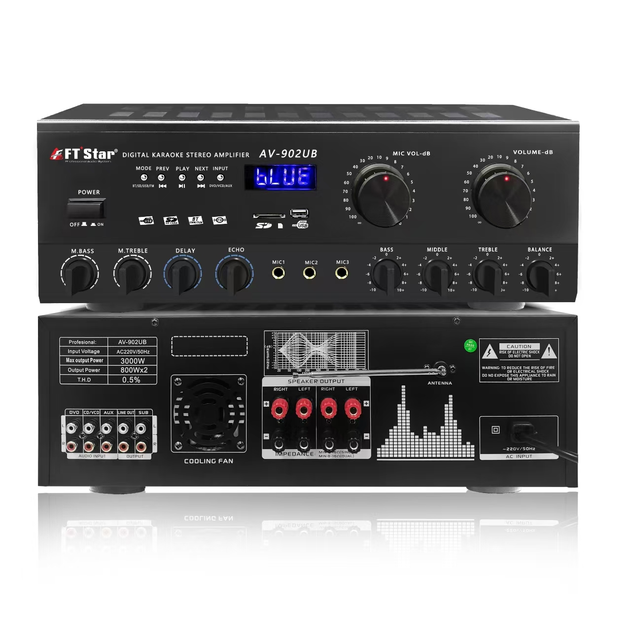 Yvonne Shop AV-902UB Digital Karaoke Stereo Amplifier Max Power 3000w 3 Mic Input BT/FM/USB/Slot ...